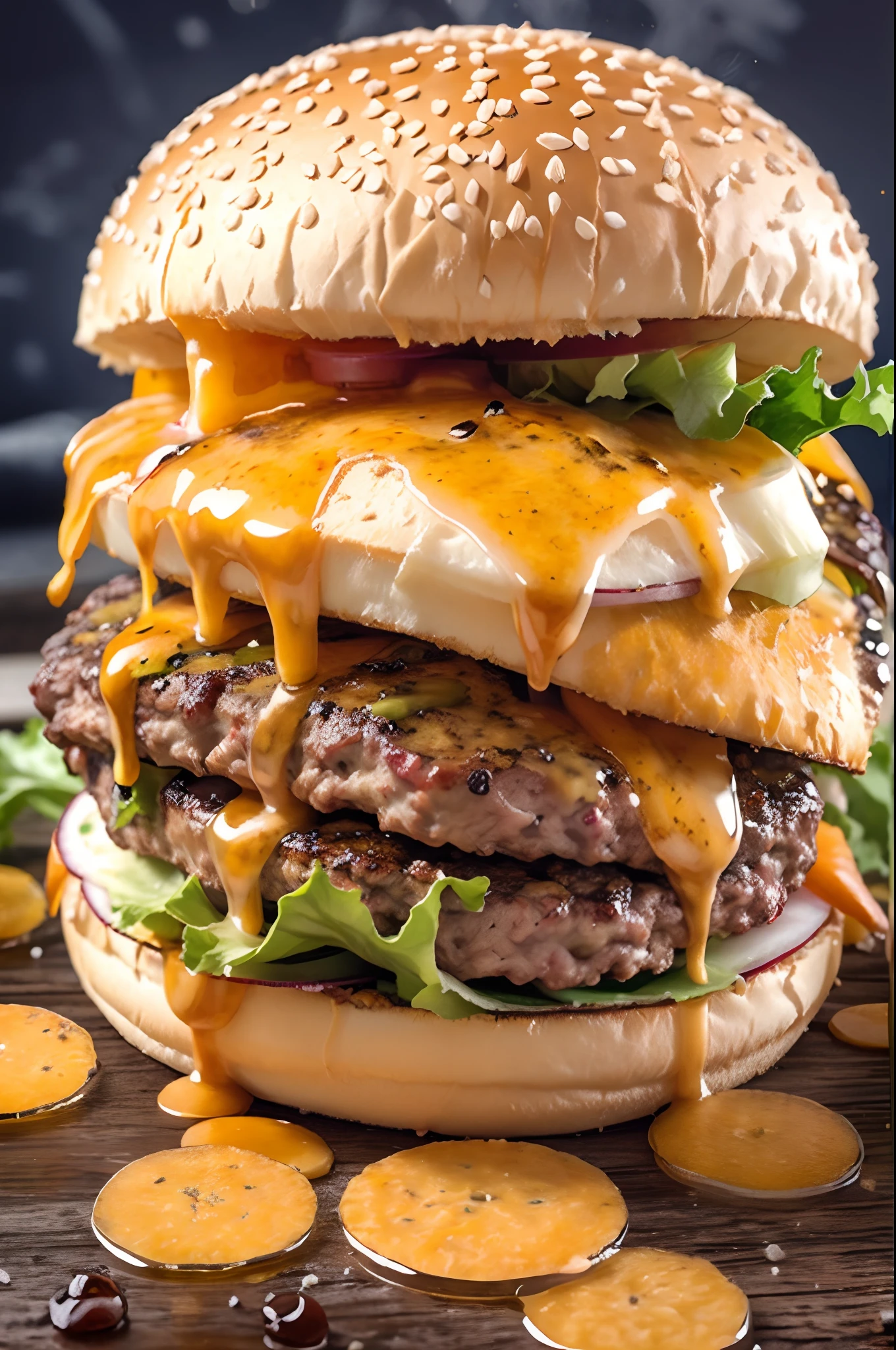 A close up of a cheeseburger with lettuce and tomato on a wooden table ...