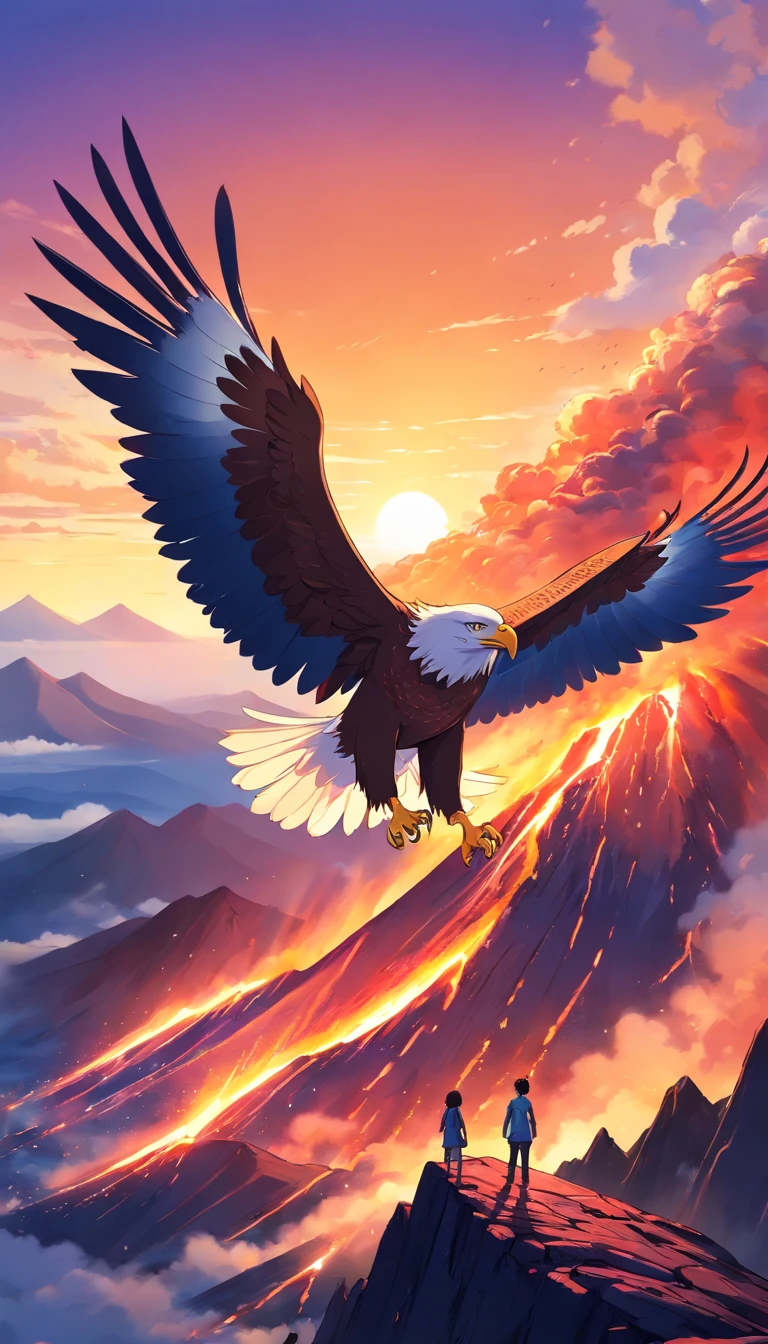 A bird flying over a mountain with a person standing on top of it ...