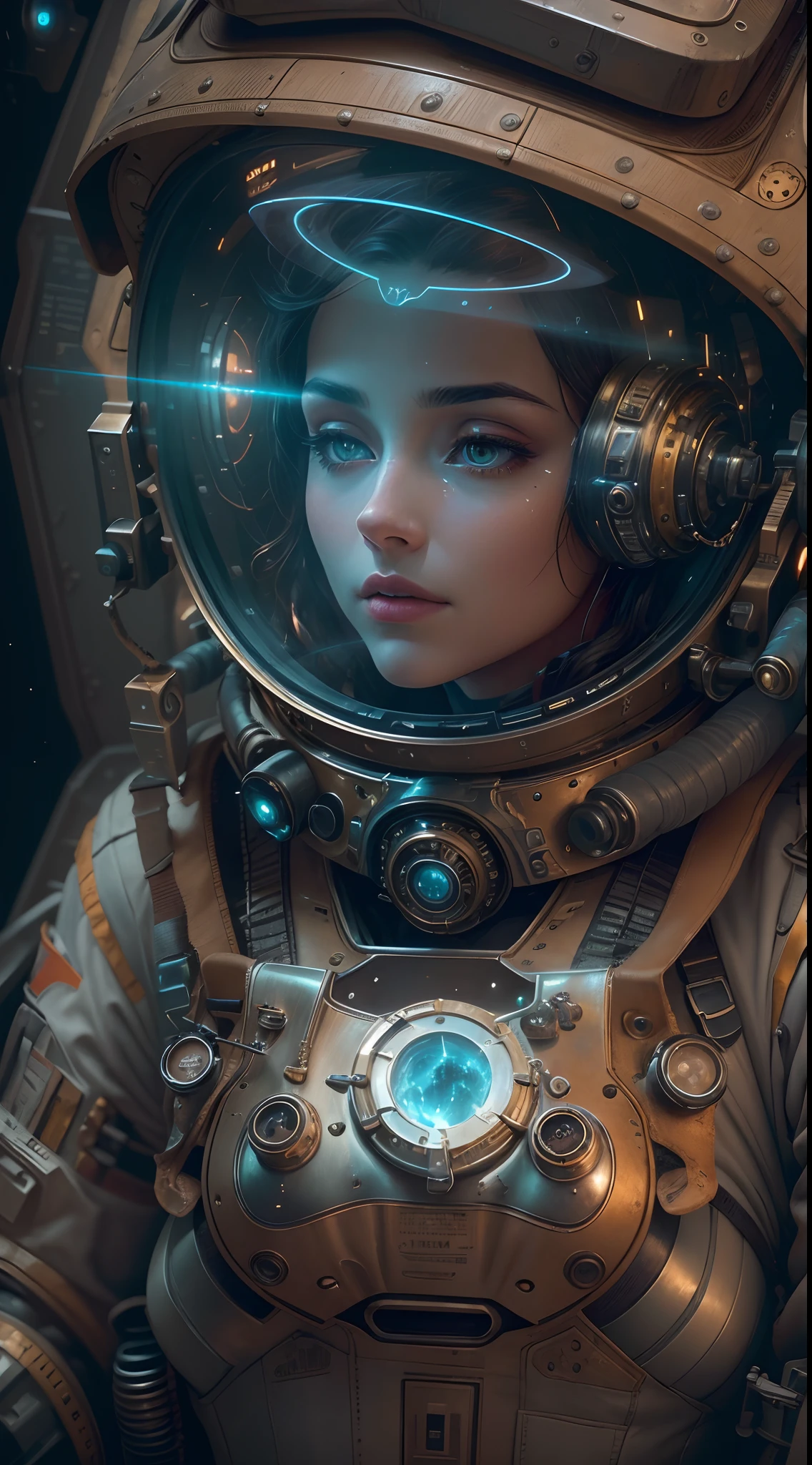 A woman in a space suit with a glowing light on her face - SeaArt AI