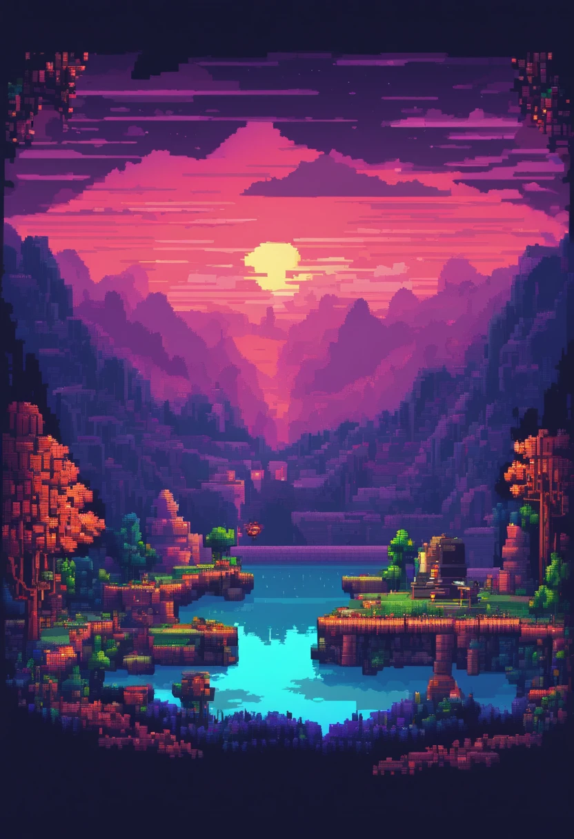 A pixel pixel art of a mountain lake with a sunset - SeaArt AI