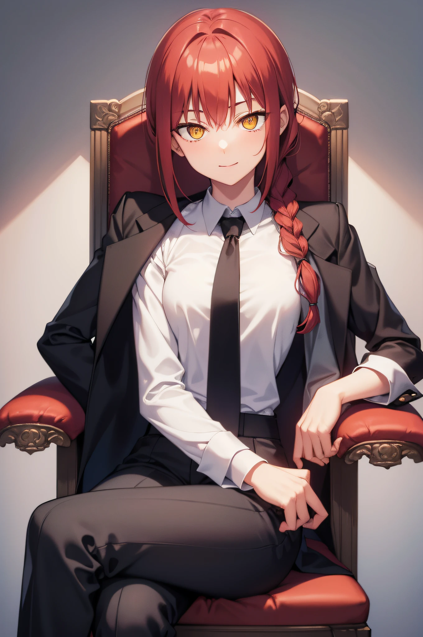 Anime girl sitting in a chair with a tie on - SeaArt AI