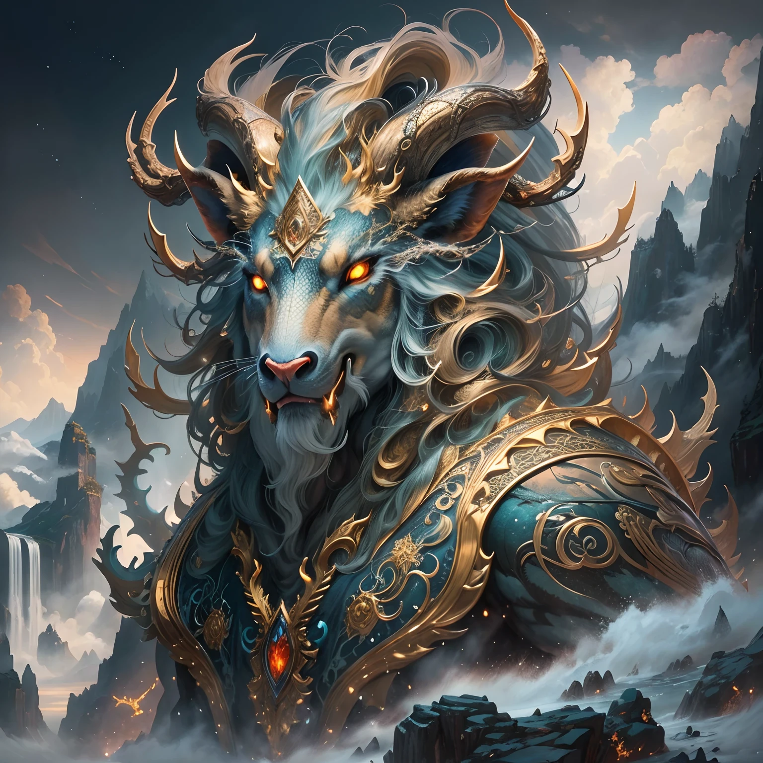 A close up of a goat with horns and a large head - SeaArt AI