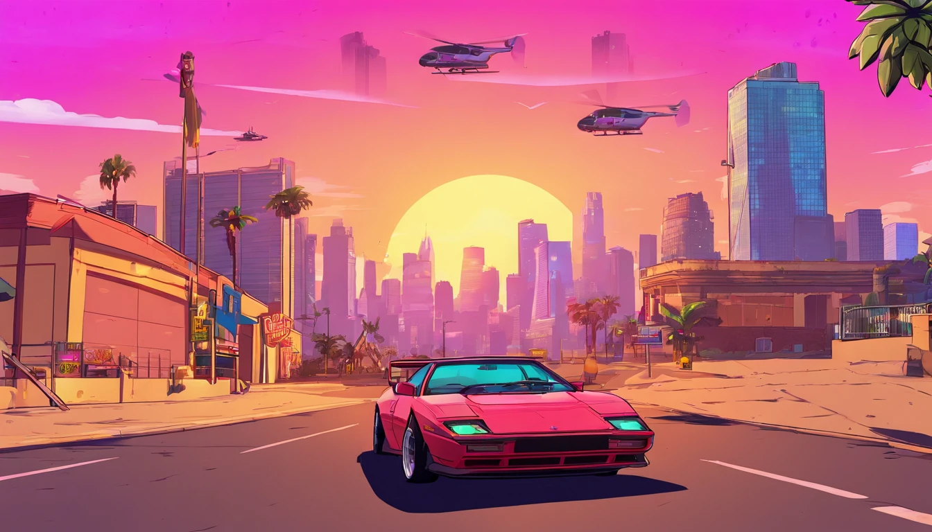 A close up of a car driving down a street near a city - SeaArt AI