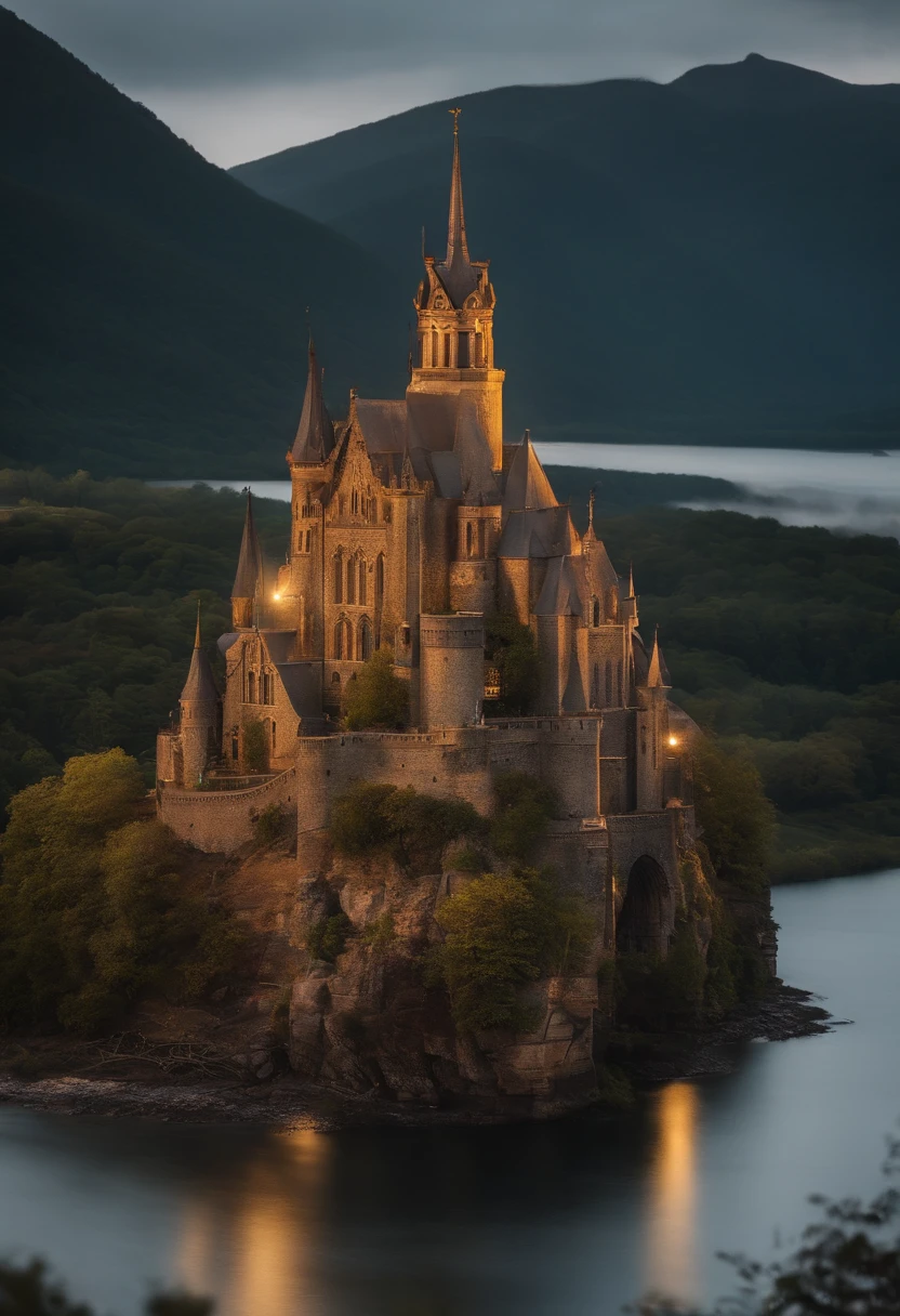 A close up of a castle on a small island in the middle of a lake ...
