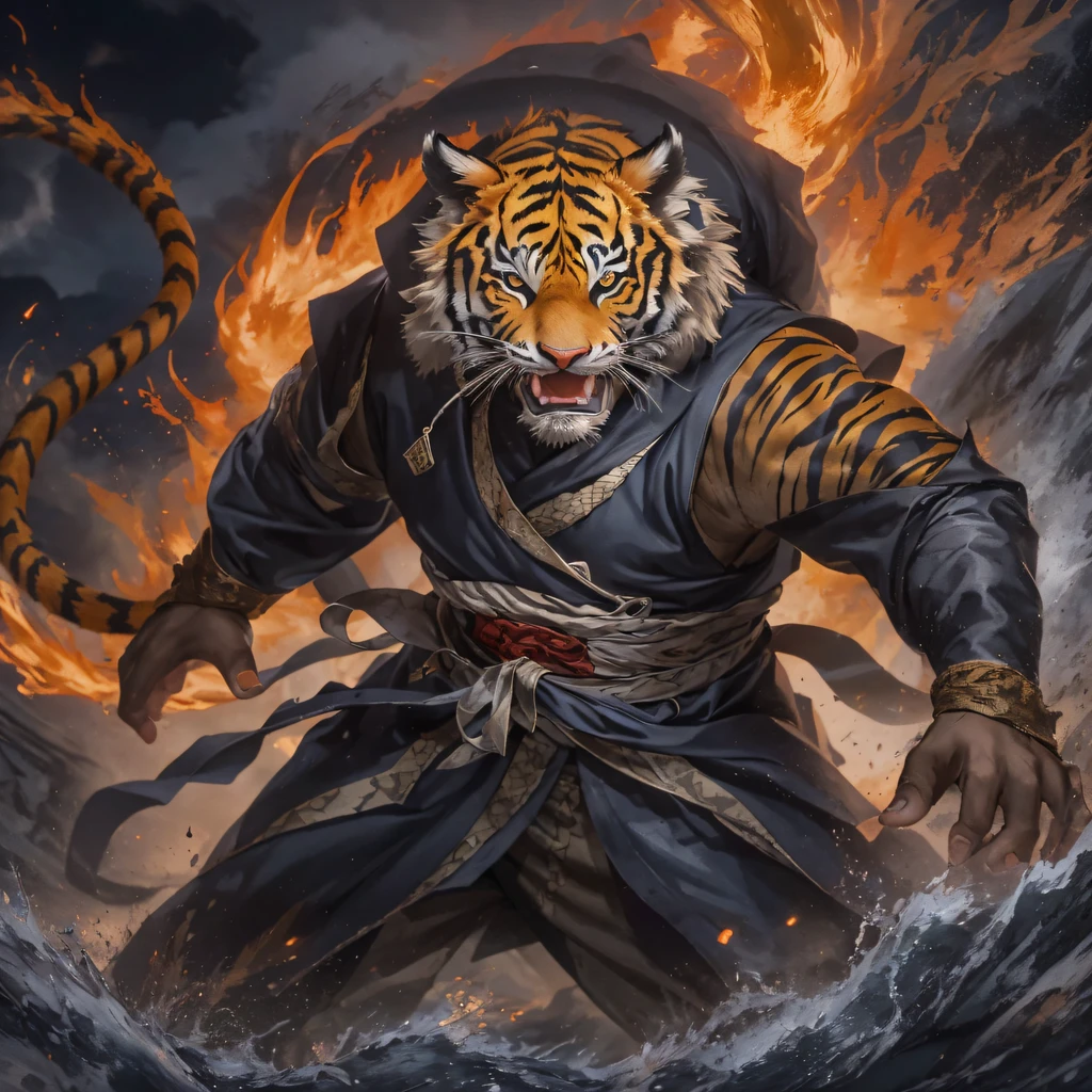 A close up of a tiger in a robe with a fire ring - SeaArt AI