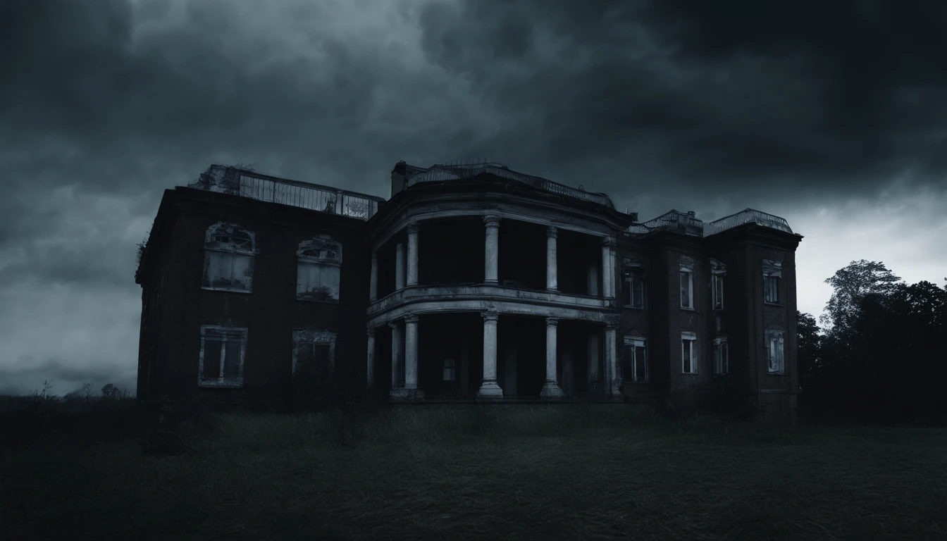 A dark and eerie photo of a large building with a creepy look - SeaArt AI