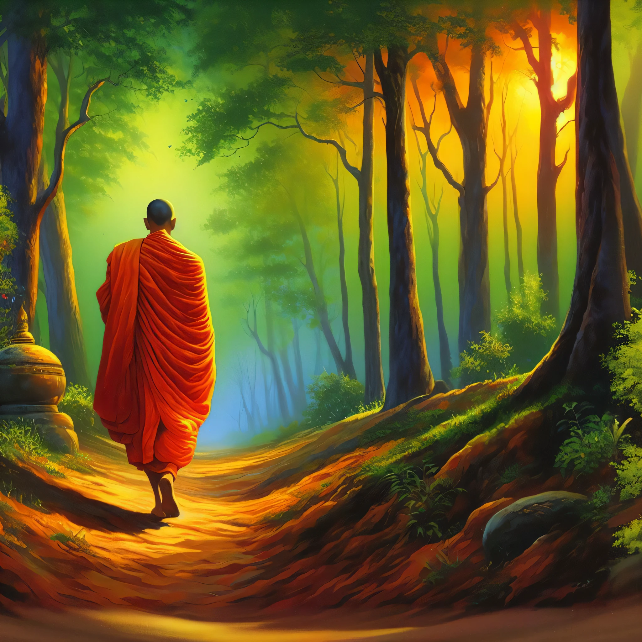 A painting of a monk walking down a path in the woods - SeaArt AI