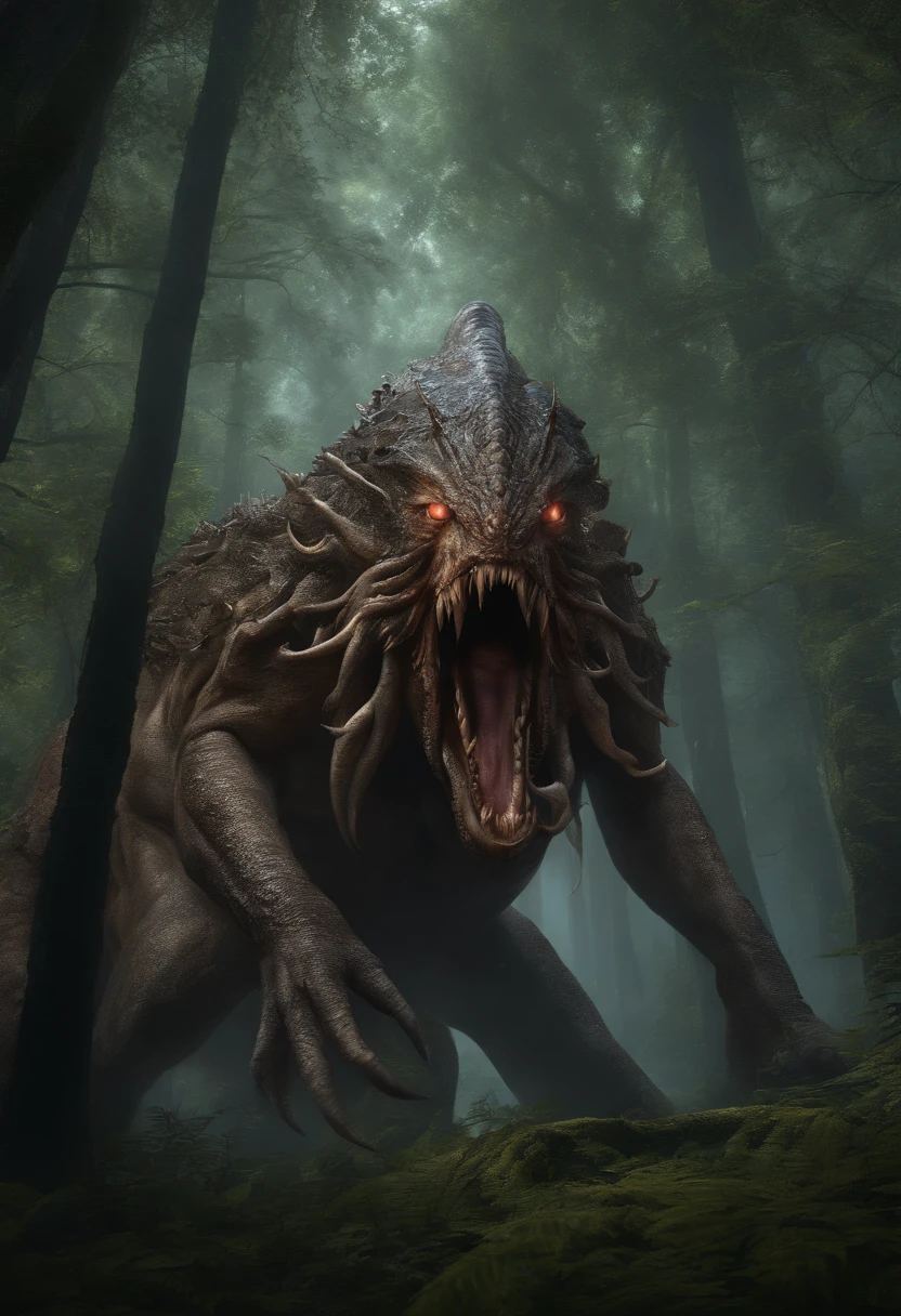 A large monster with its mouth open in the woods - SeaArt AI