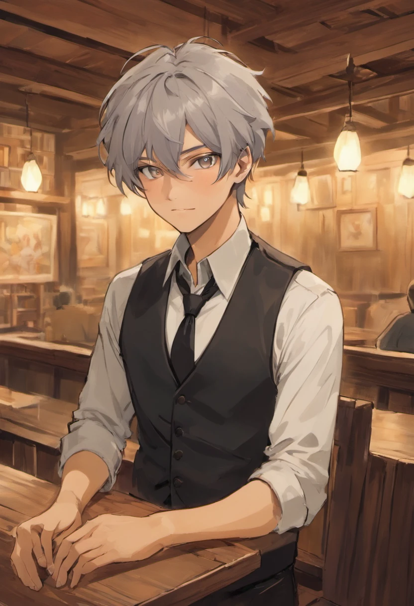 Anime guy in a restaurant with a wooden table and a black vest - SeaArt AI
