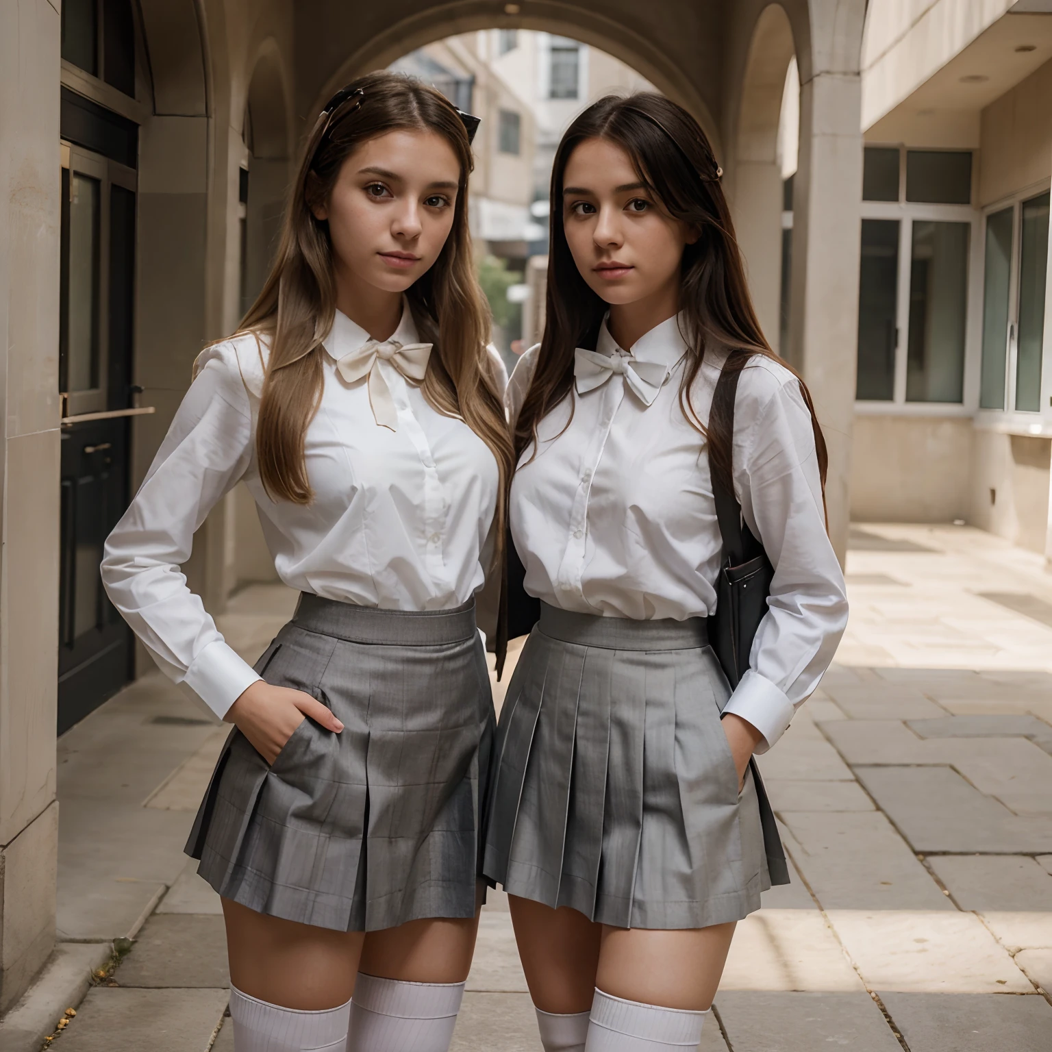 Two women in school uniforms posing for a picture in a courtyard ...