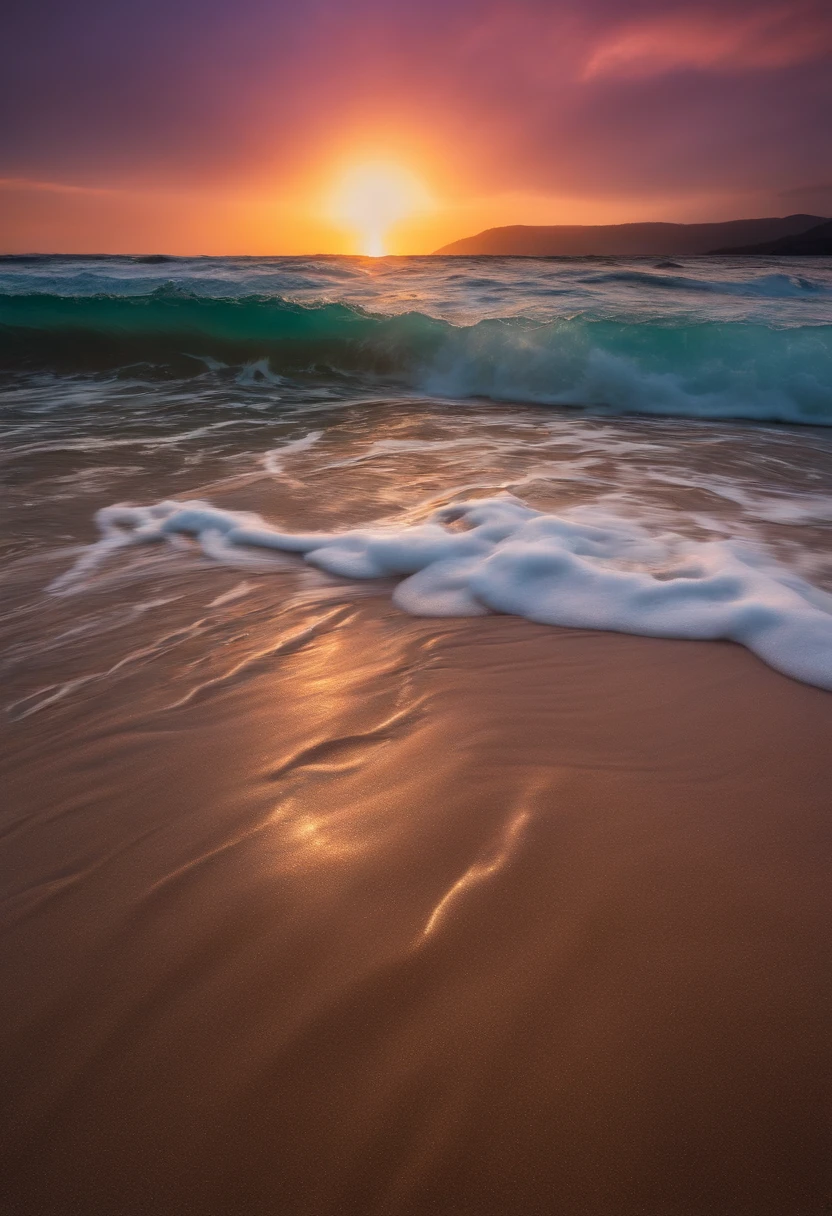 A close up of a wave on a beach with a sunset in the background - SeaArt AI