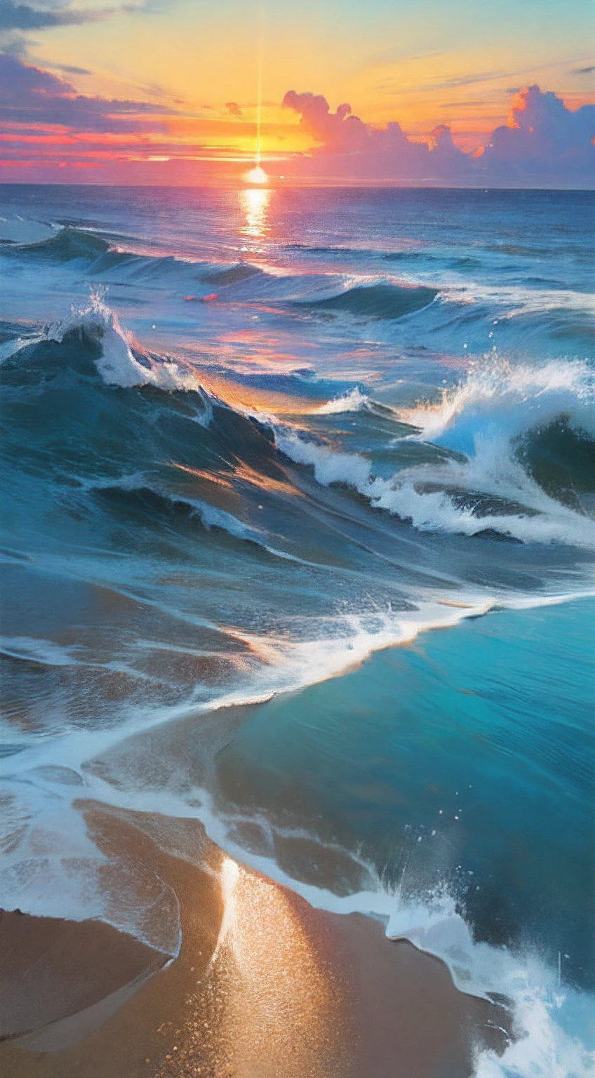 Painting of a sunset over the ocean with waves crashing - SeaArt AI