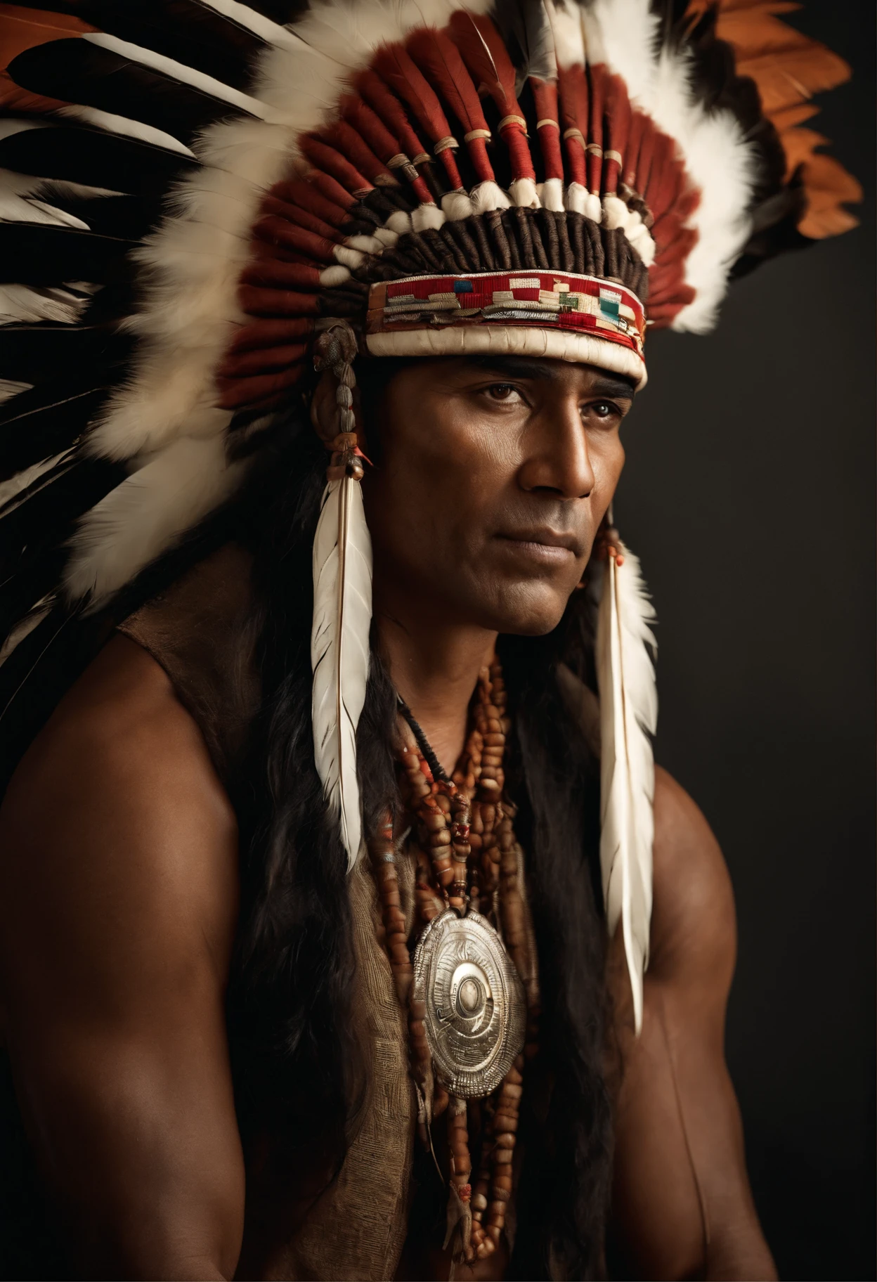 A close up of a man wearing a headdress and feathers - SeaArt AI