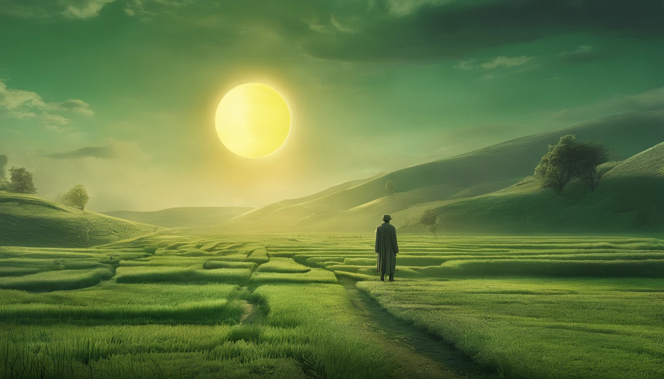 A man walking through a field towards a bright sun - SeaArt AI
