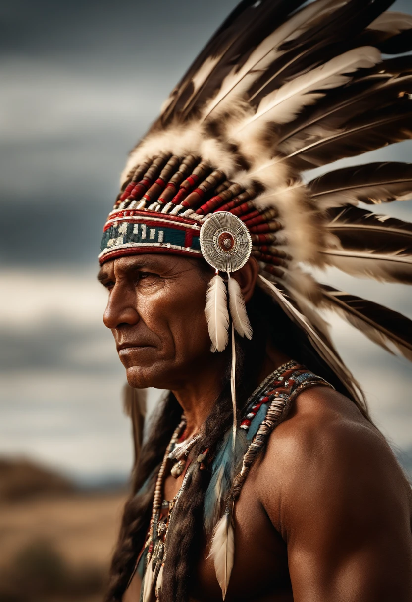 A close up of a man wearing a headdress and feathers - SeaArt AI