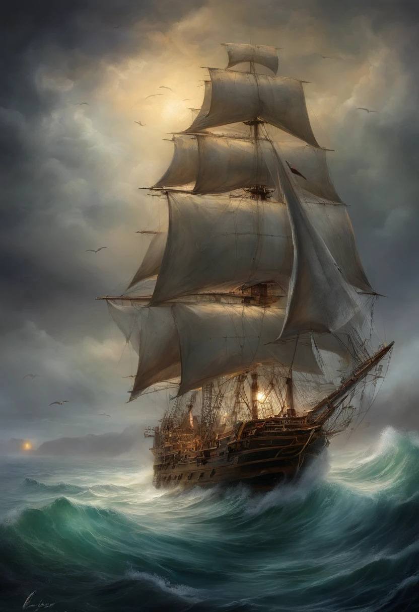 A painting of a ship sailing in the ocean with a cloudy sky - SeaArt AI