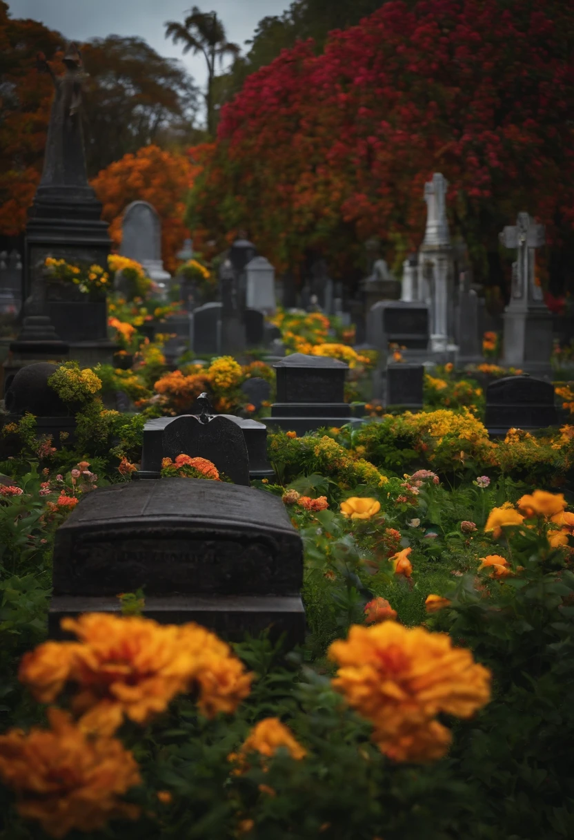 There are many flowers in the cemetery with a dark sky - SeaArt AI