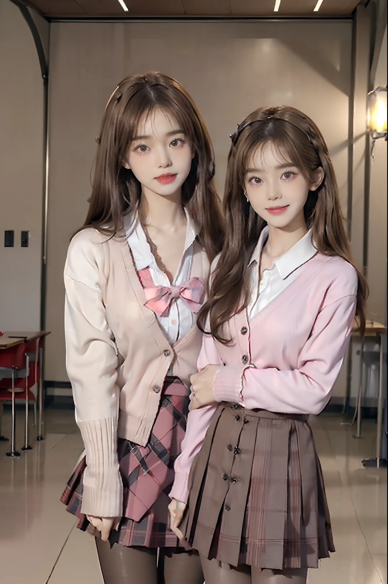 Two young women in school uniforms posing for a picture - SeaArt AI