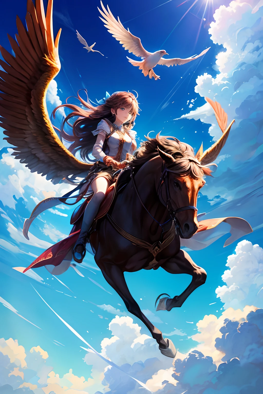A woman riding on the back of a horse with a bird flying above - SeaArt AI