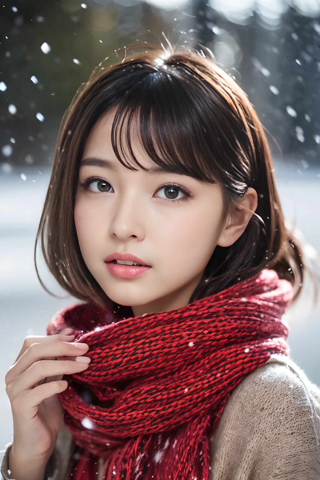 A woman wearing a scarf and a sweater in the snow - SeaArt AI