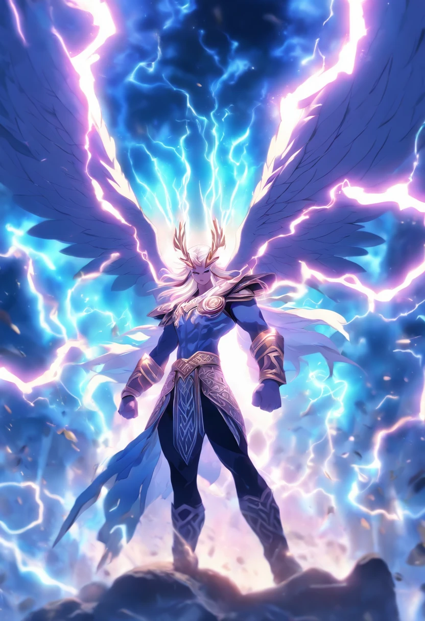 A man with a sword standing in front of a lightning storm - SeaArt AI