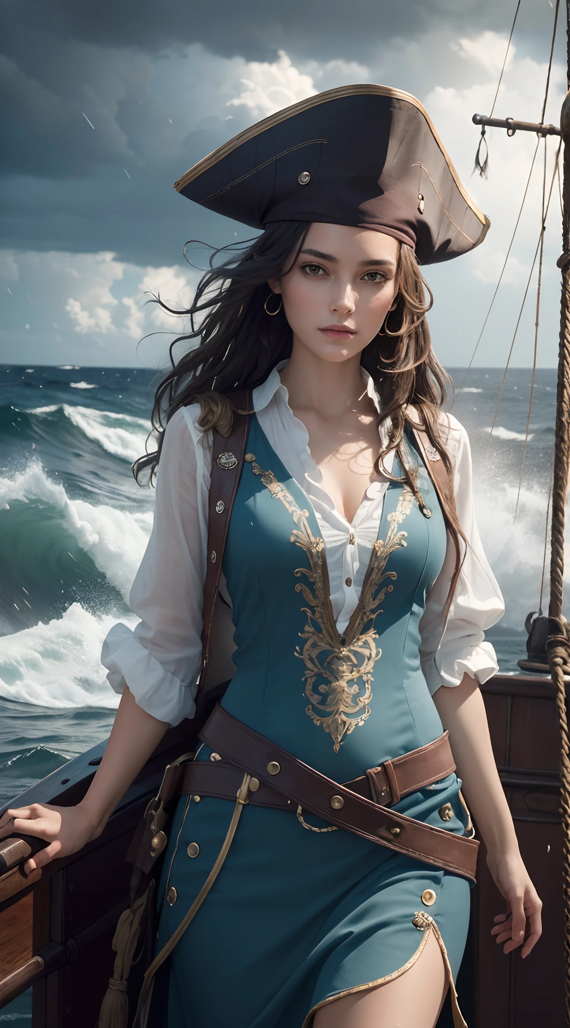 Pirate girl in blue dress on a boat in the ocean - SeaArt AI