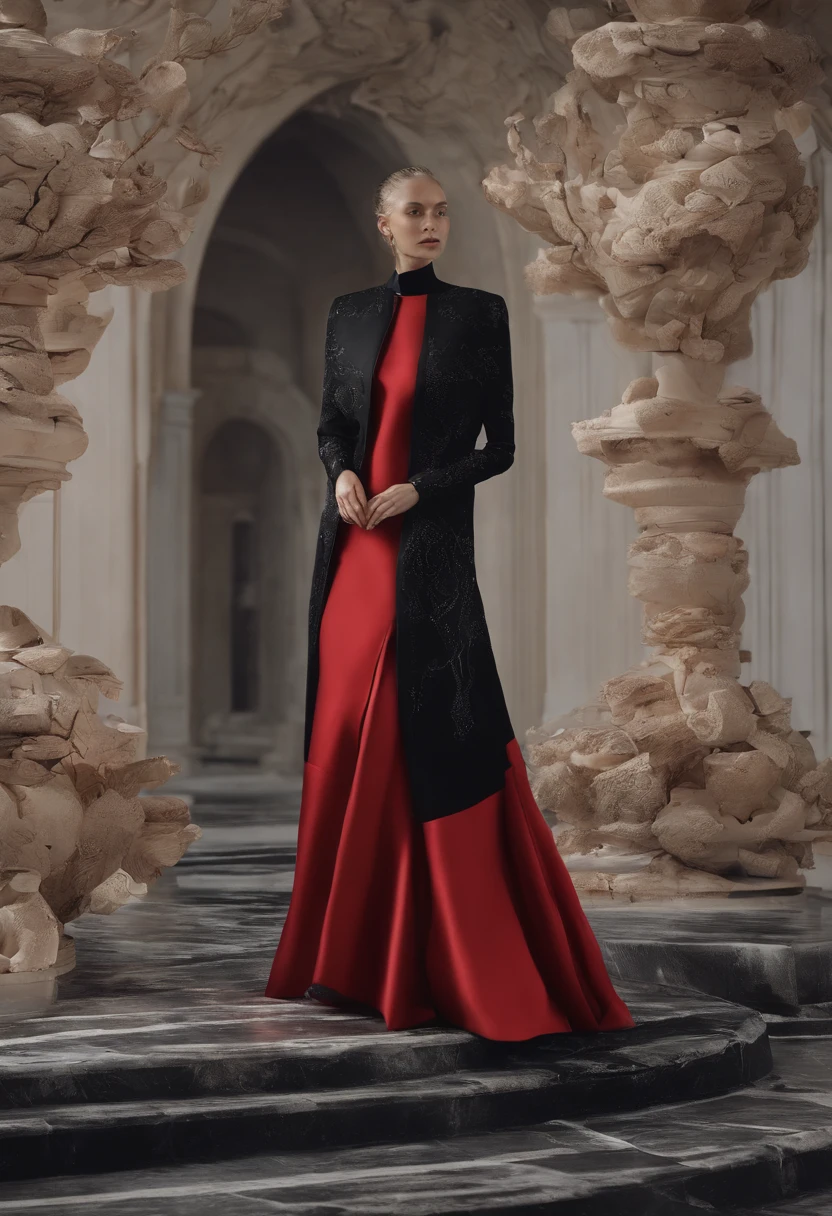 A woman in a red dress and black coat standing on a set of stairs ...
