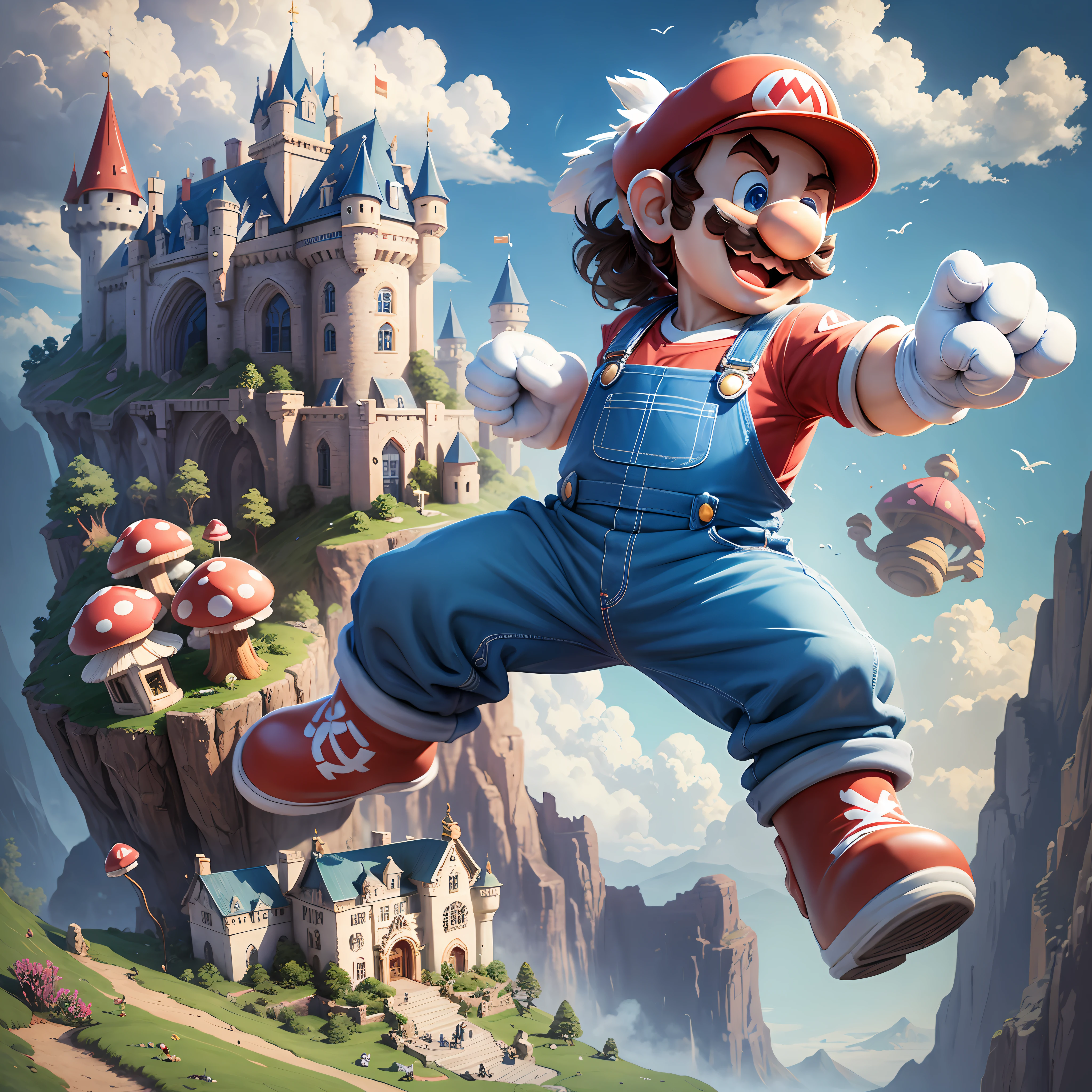 Mario bros flying over a castle with a castle in the background - SeaArt AI