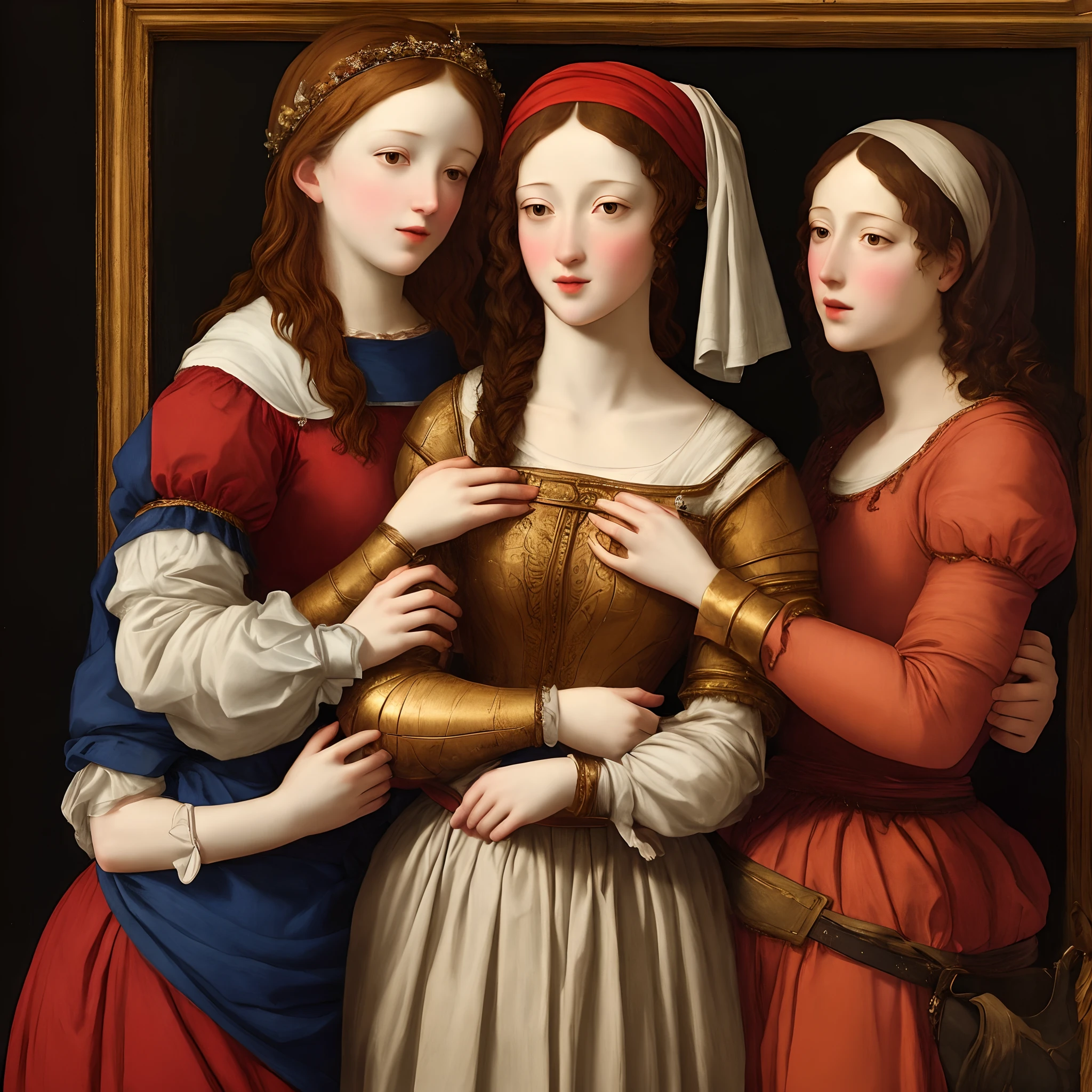Three women in renaissance dress holding a golden object in front of a ...