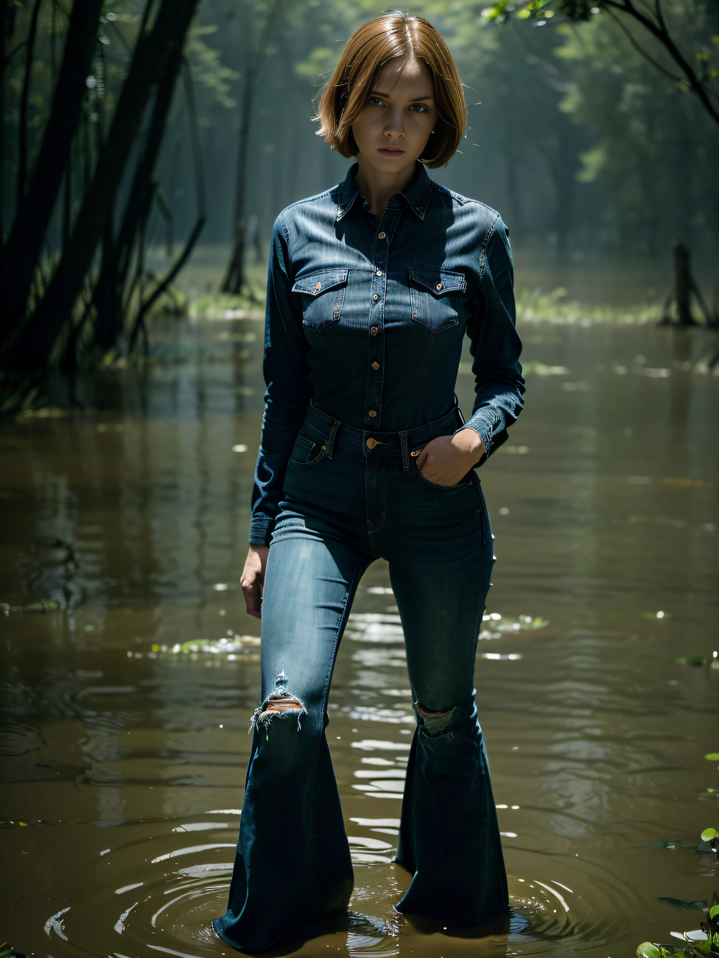 Arafed woman in jeans standing in a river with trees in the background ...