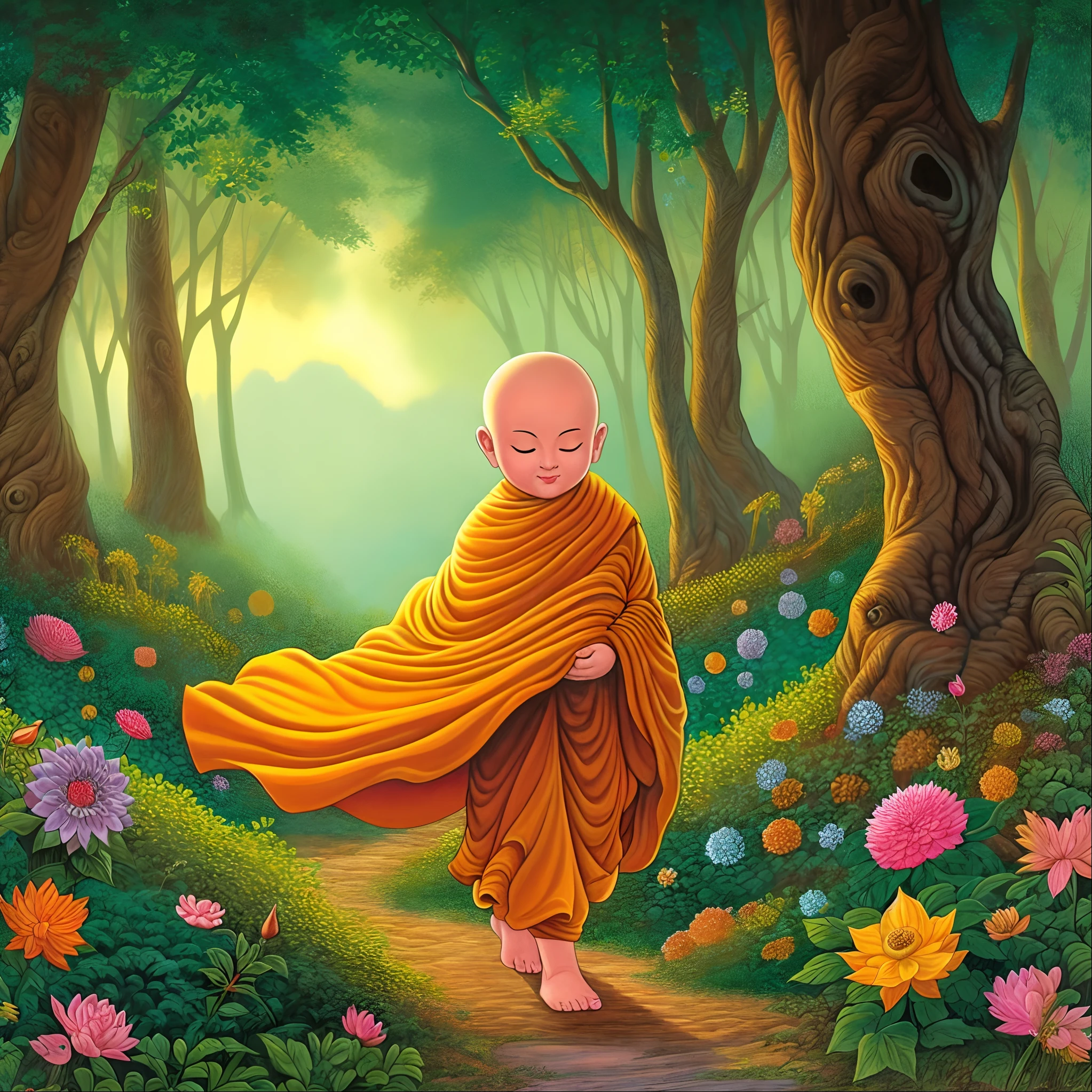 Painting of a monk walking in a forest with buddha statues - SeaArt AI