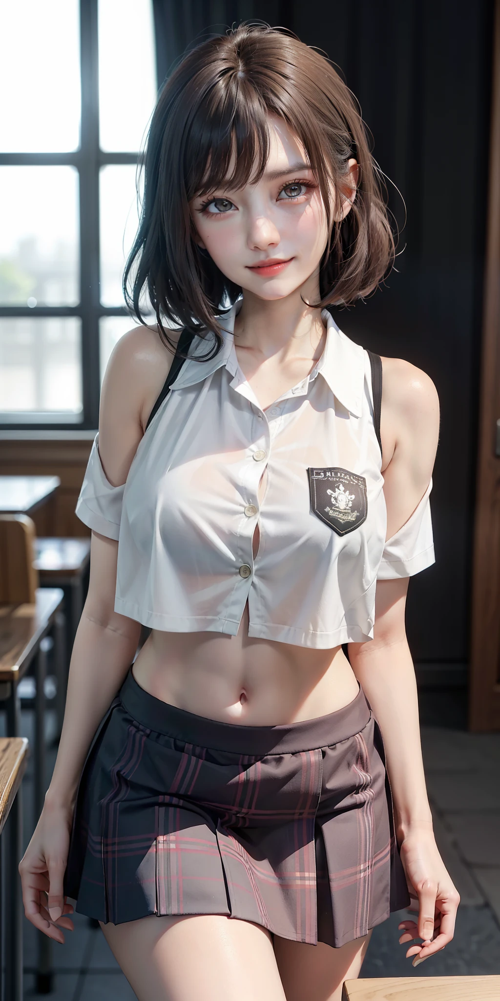 A close up of a woman in a skirt and shirt posing for a picture - SeaArt AI