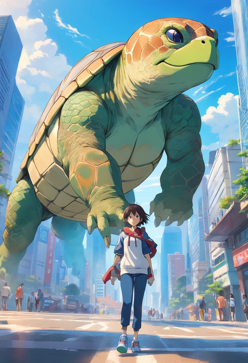A woman standing in front of a giant turtle in a city - SeaArt AI