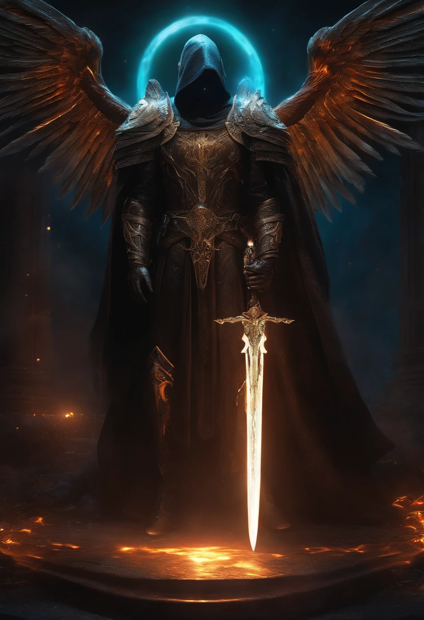 A dark angel with wings and a sword in the middle of a dark room ...