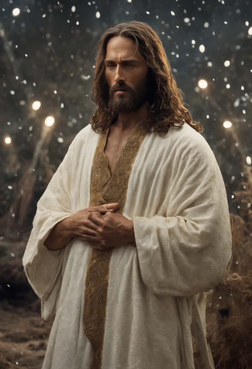 Jesus in the snow with his hands on his chest - SeaArt AI
