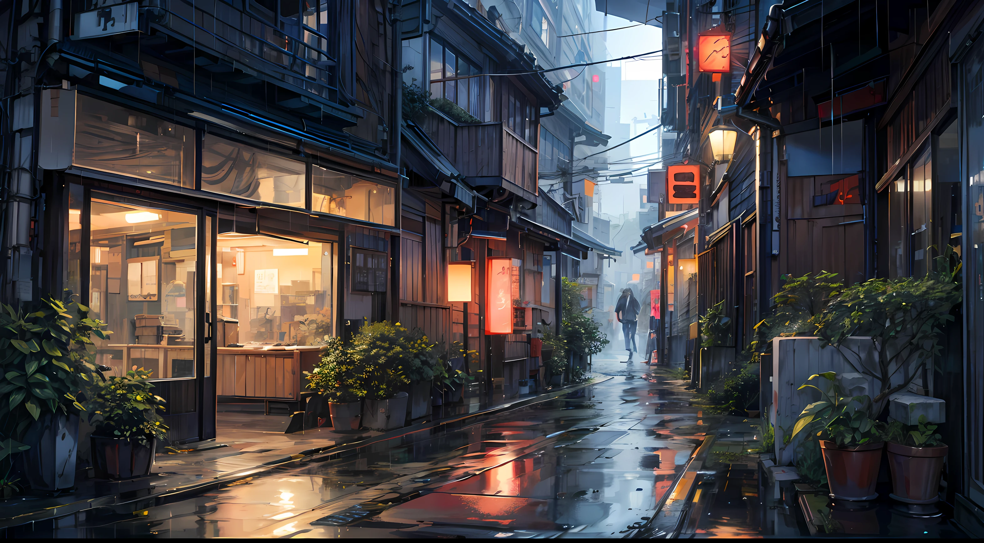Anime scenery of a rainy street with a person walking down the street ...
