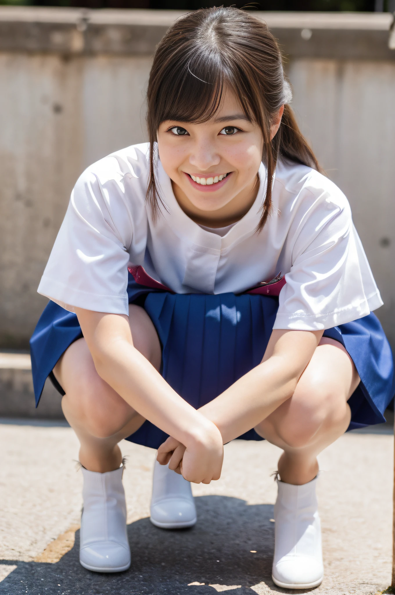 There is a young girl kneeling on the ground with a skateboard - SeaArt AI