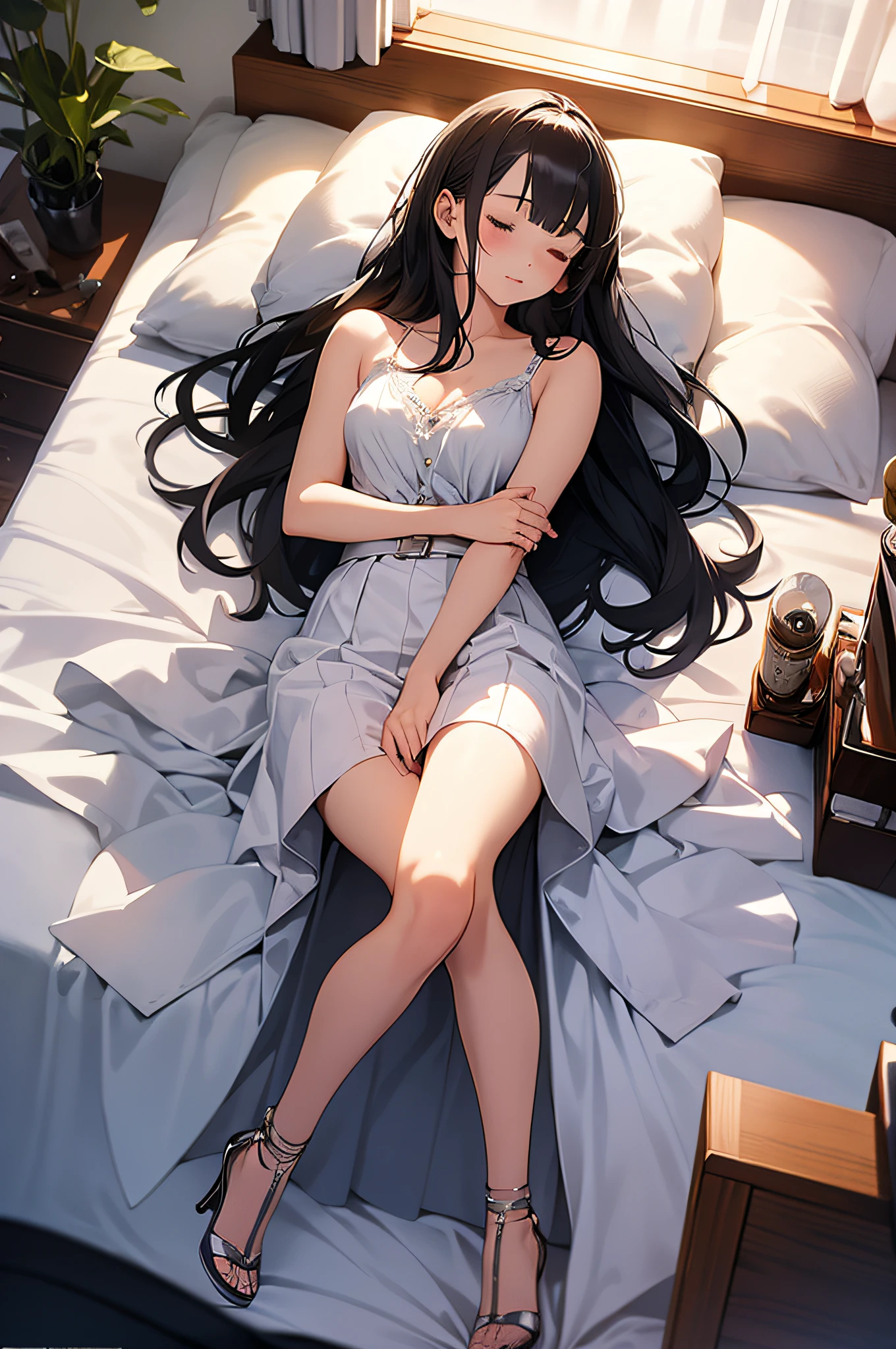 動漫女孩雙腿交叉躺在床上 - SeaArt AI