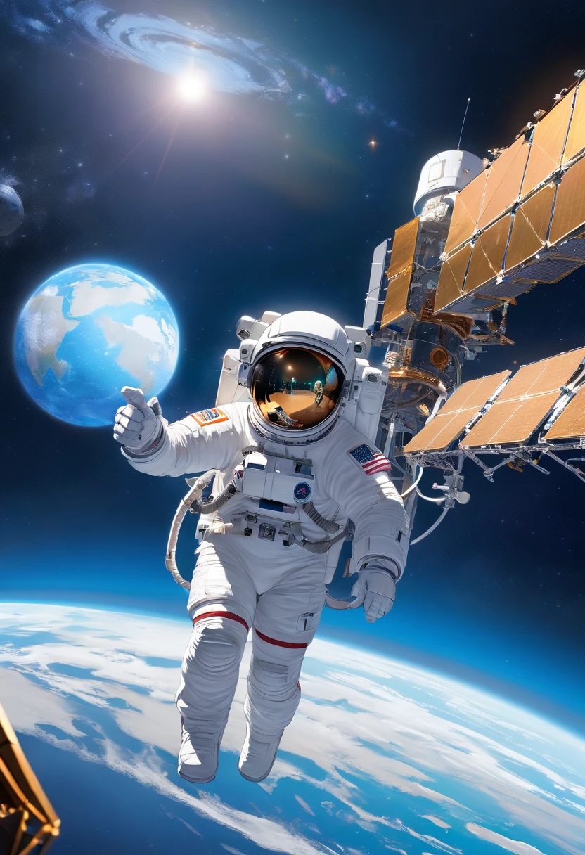 An astronaut floating in space with a blue earth in the background ...
