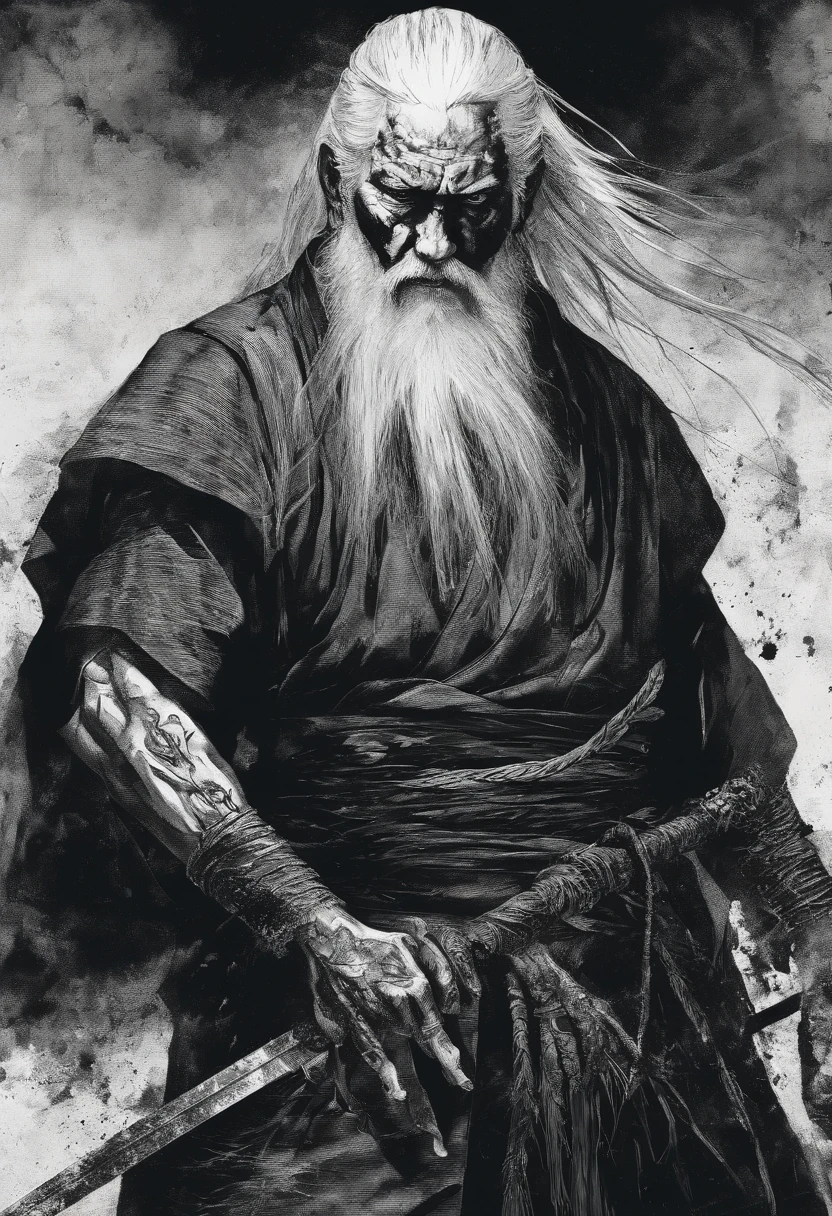 A black and white photo of a man with a long beard holding a sword ...
