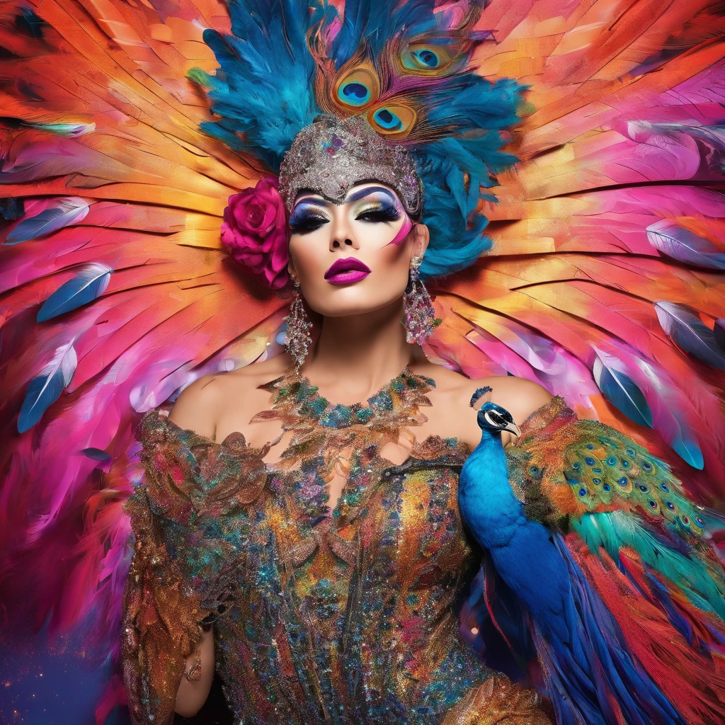 Arafed woman with colorful feathers and a peacock headdress - SeaArt AI