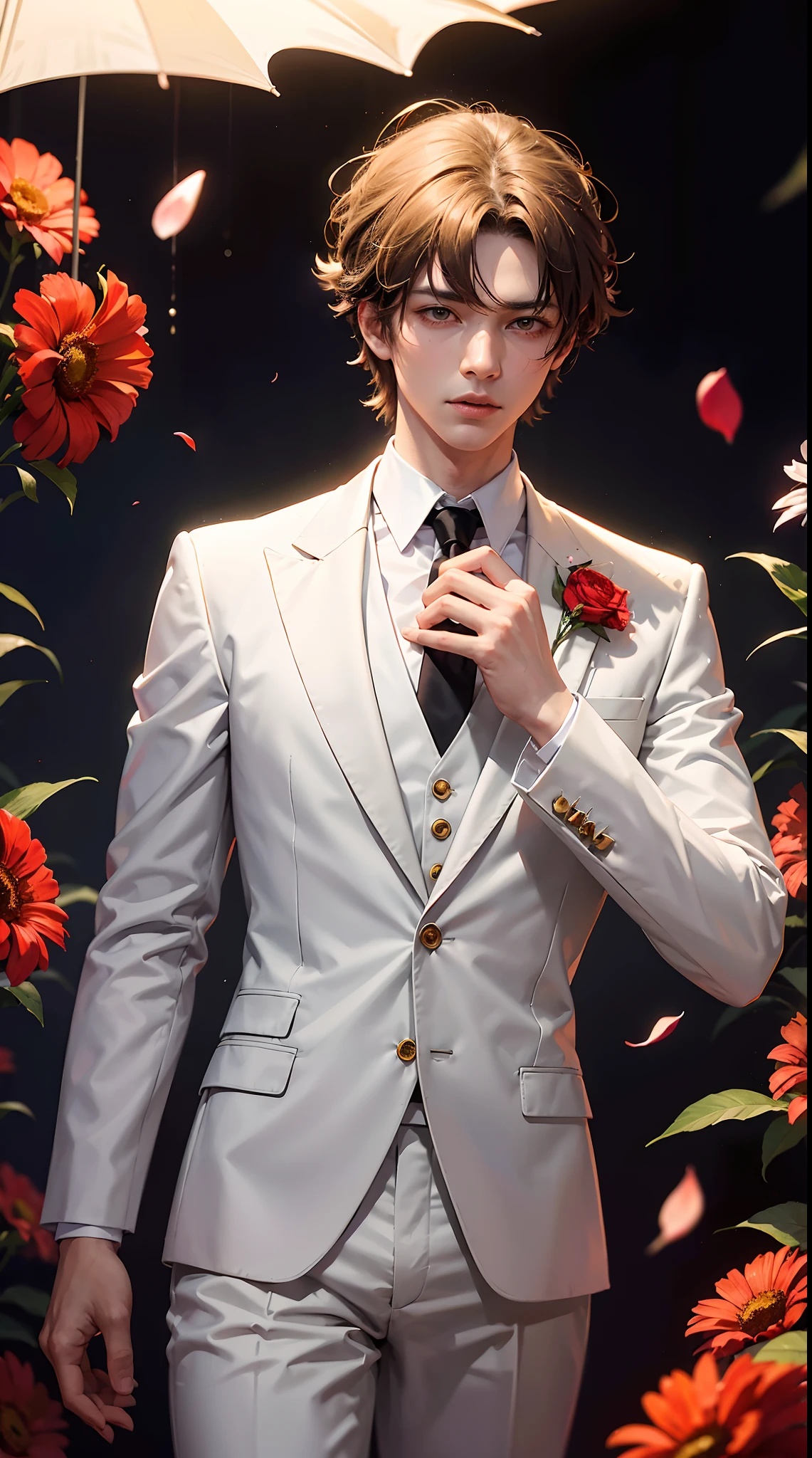 There is a man in a suit and tie standing in front of flowers - SeaArt AI