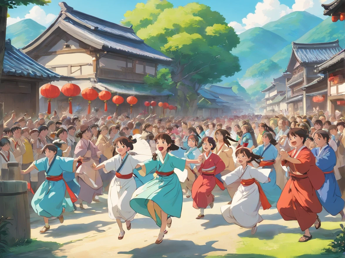 A group of people in traditional clothing dancing in a village - SeaArt AI