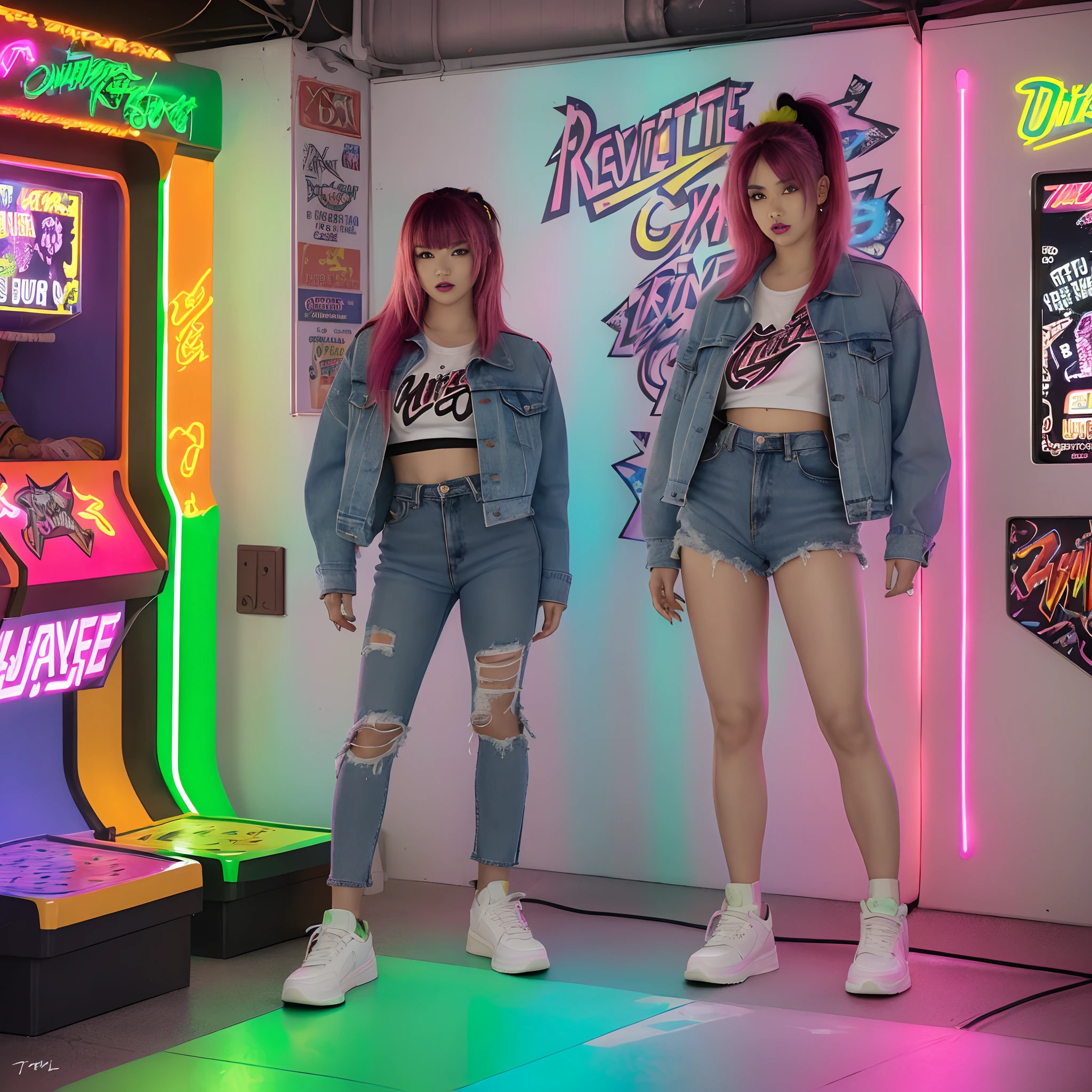 Two women in denim jackets and ripped jeans standing in front of a ...