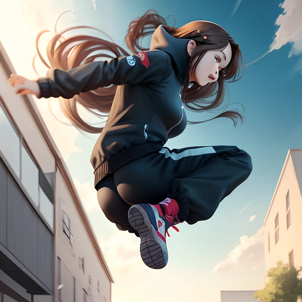 Anime girl jumping in the air with her hair blowing in the wind - SeaArt AI