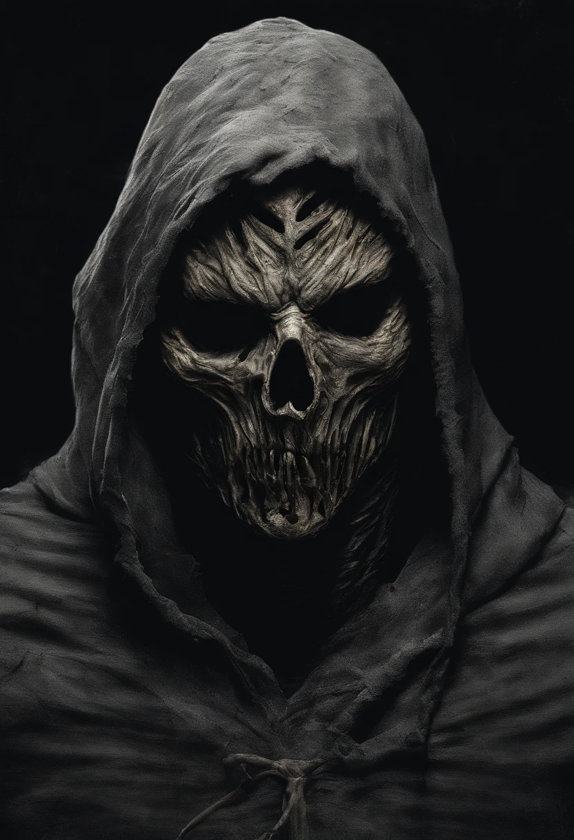 A black and white photo of a skeleton in a hoodedie - SeaArt AI