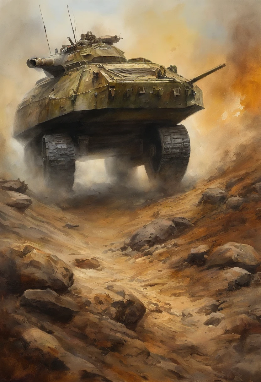 Painting of a tank moving through a desert area with rocks - SeaArt AI