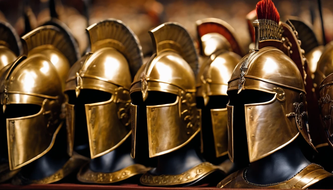 A close up of a row of helmets on a shelf - SeaArt AI