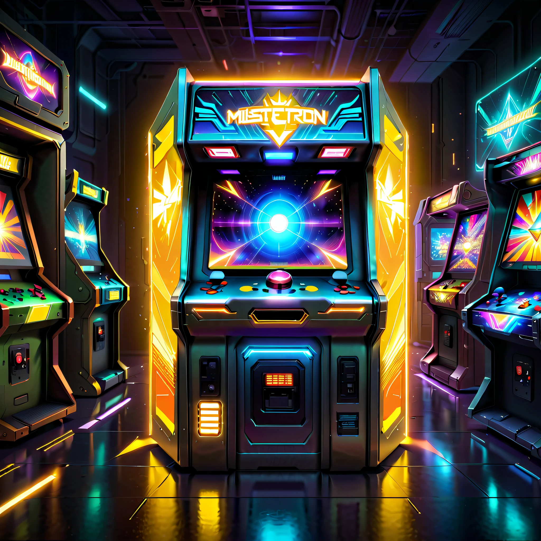 A row of arcade machines in a dark room with neon lights - SeaArt AI