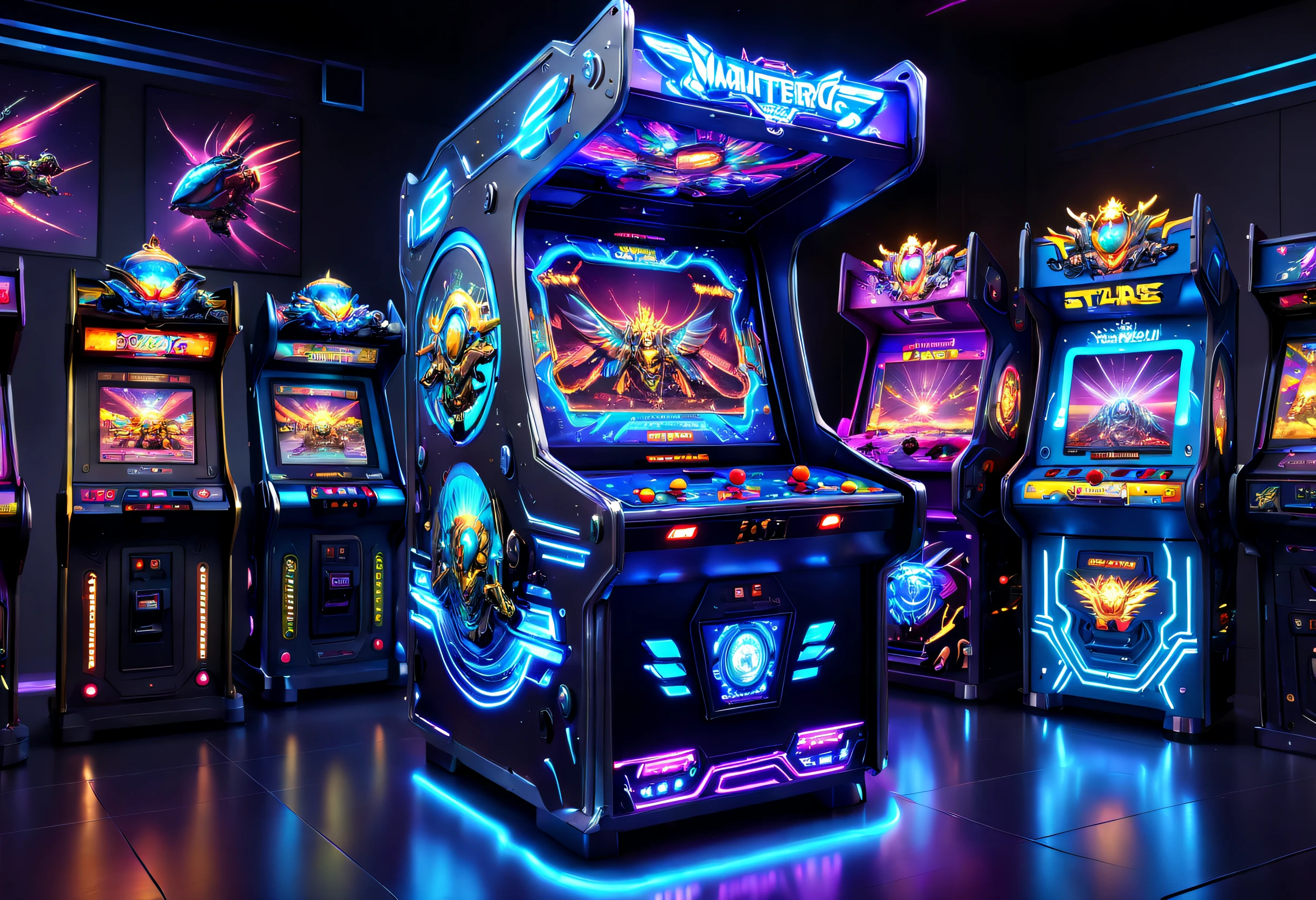 A group of arcade machines with neon lights in a dark room - SeaArt AI